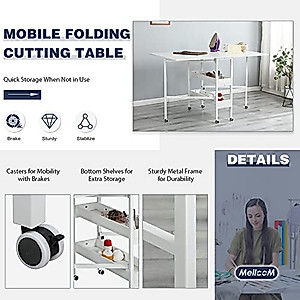 MELLCOM Home Hobby Craft Table with Storage Shelves, Mobile Folding Cutting Table for Large Fabric, Foldable Table for Home Office Sewing Room Craft Room, Fixed Height 35.5in