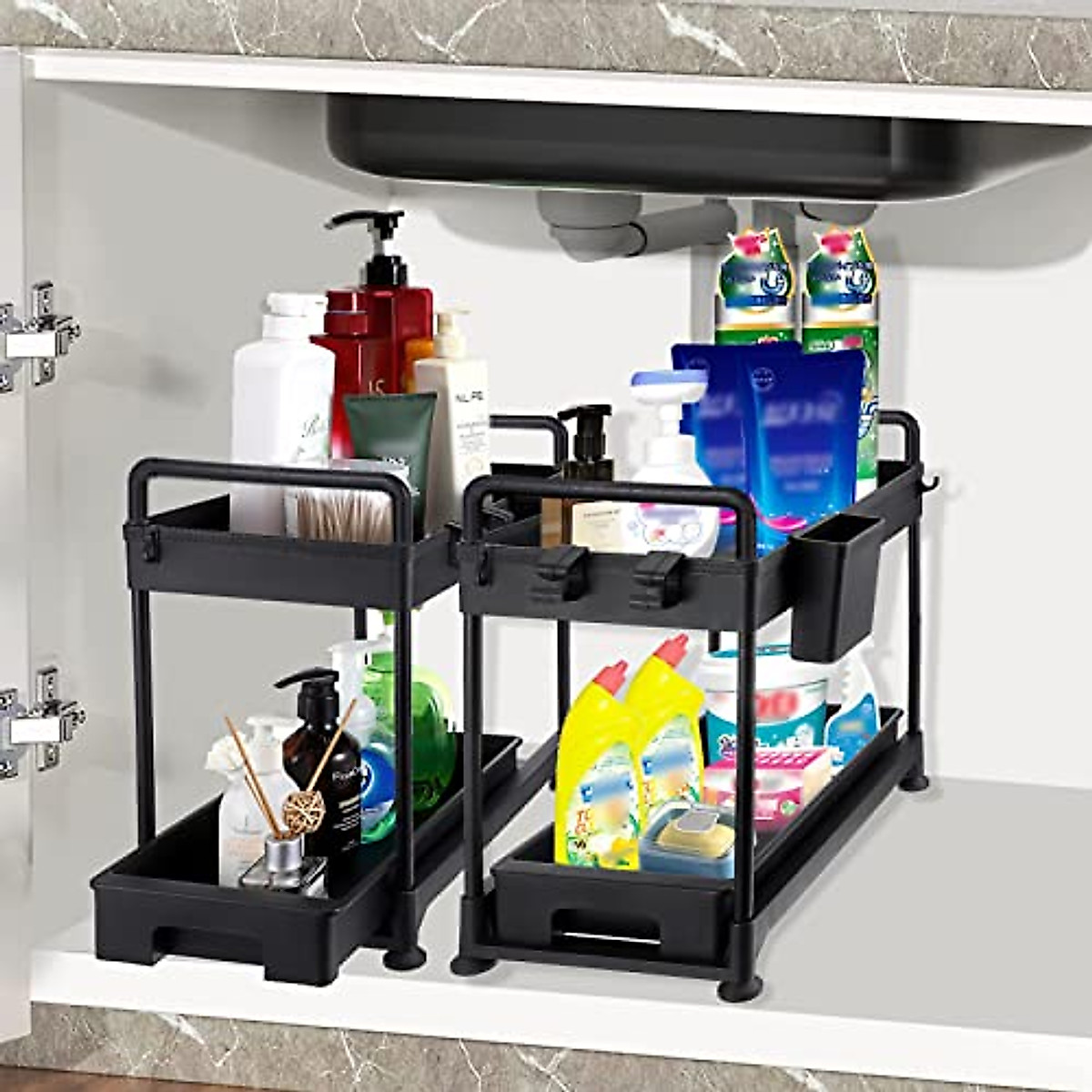 UBeesize 2 Pack Bathroom Organizer Basket Drawers, Slide Out Under Sink Cabinet Organizers and Storage for Bathroom Countertop Bathroom Sink Organizer with Hooks and Cups,Pull Out Under Sink Shelf