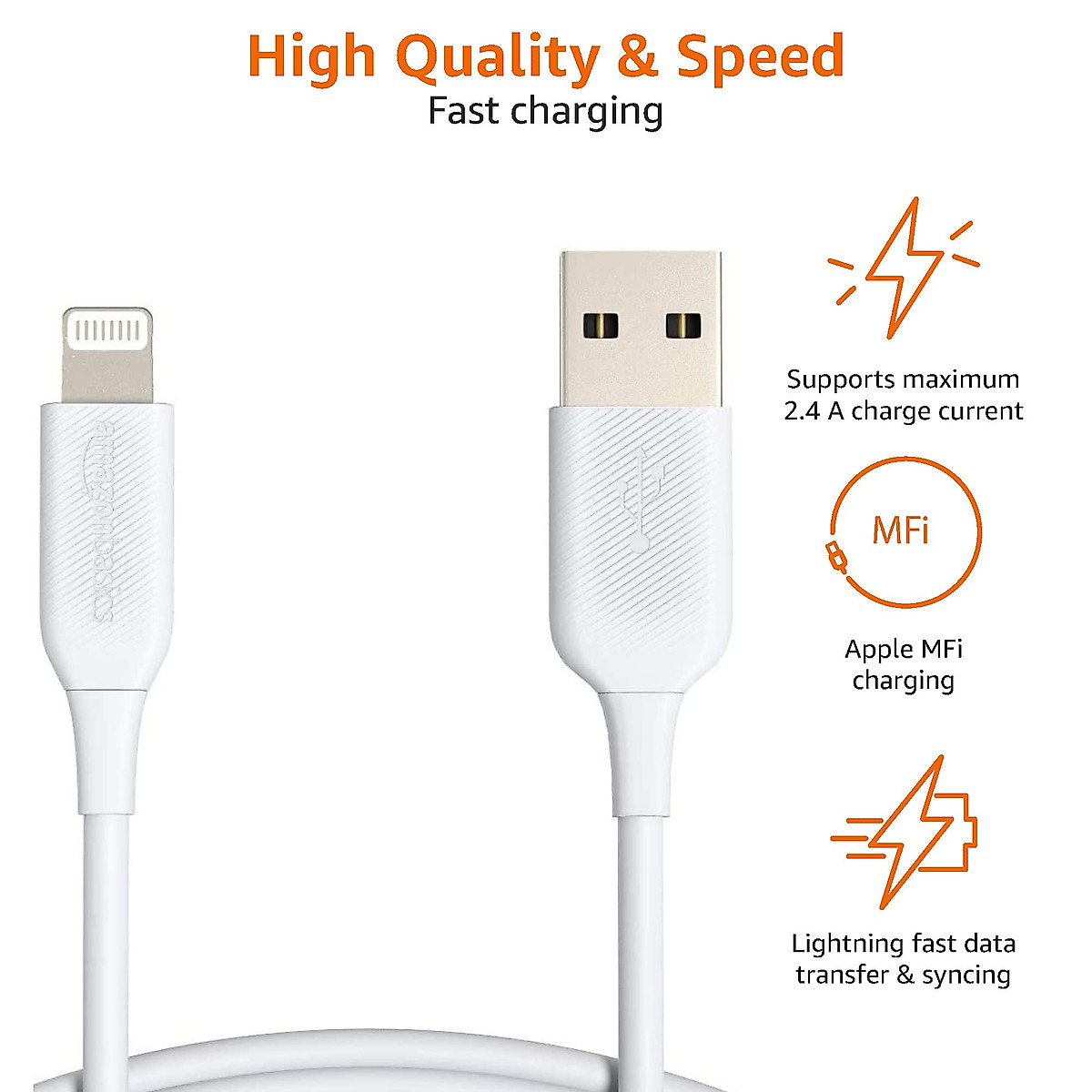 Amazon Basics USB-A to Lightning ABS Charger Cable, MFi Certified Charger for Apple iPhone 14 13 12 11 X Xs Pro, Pro Max, Plus, iPad, 3 Foot, White, (Pack of 2)