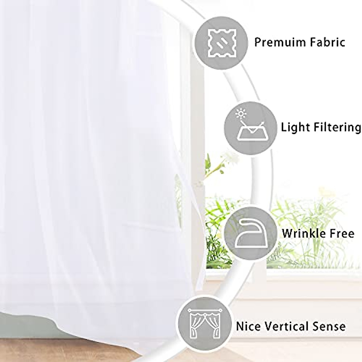 Hiasan White Sheer Curtains for Bedroom with Tiebacks, Lightweight Airy Breathable Voile Drapes Light Filtering Grommet Window Curtains for Living Room, Nursery, Farmhouse, W52 x L63, 2 Soft Panels