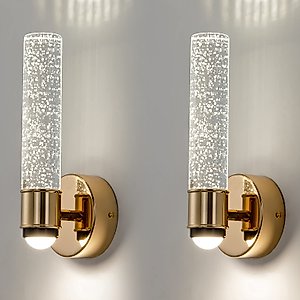 YZMARYT Wall Sconces Set of Two, Gold Wall Sconce, 11inch Wall Sconces Indoor, Bathroom Sconce, Bubbled Crystal Glass 10W Bathroom Vanity Light, Suitable for Bathroom, Hallway, Bedroom (Set of 2)