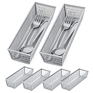 Neudeco Mesh Drawer Organizer, Silverware Organizer for Kitchen Drawer?Utensil Metal Organizer for Flatware, Knives, Cosmetic (Silver 9 * 3 * 2 inch Pack6)
