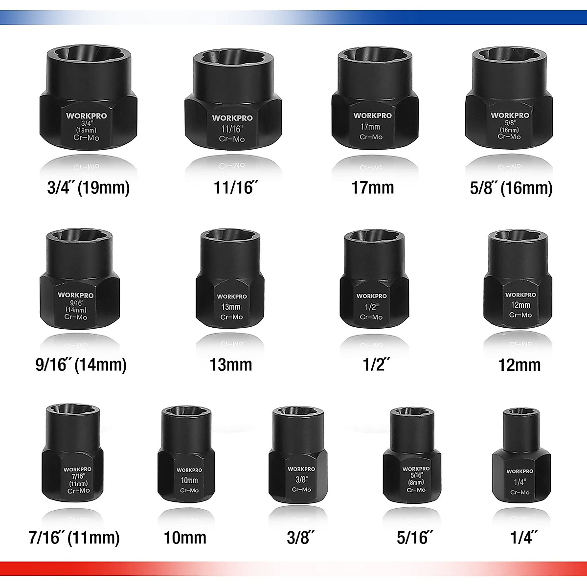 WORKPRO 15 Pieces Impact Bolt & Nut Remover Set, 3/8” Drive Bolt Extractor for Removing Stripped, Damaged, Rounded off and Rusted Bolts & Nuts