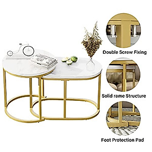 VILAWLENCE Nesting Coffee Table Set of 2 Modern Round White Marble Wood Table,Side Table Gold Metal Frame Oval