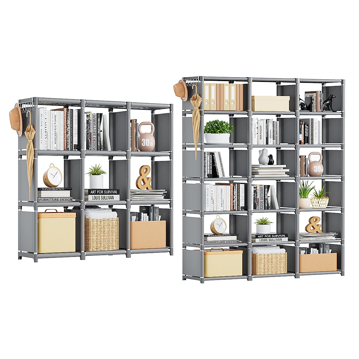 Mavivegue 9+18 Cube Modern Industrial DIY Bookcase, Metal Cubical Book Shelf, Tall Storage Organizer for Bedroom, Living Room, Office, Closet, Black Cubicle Storage Rack-Grey