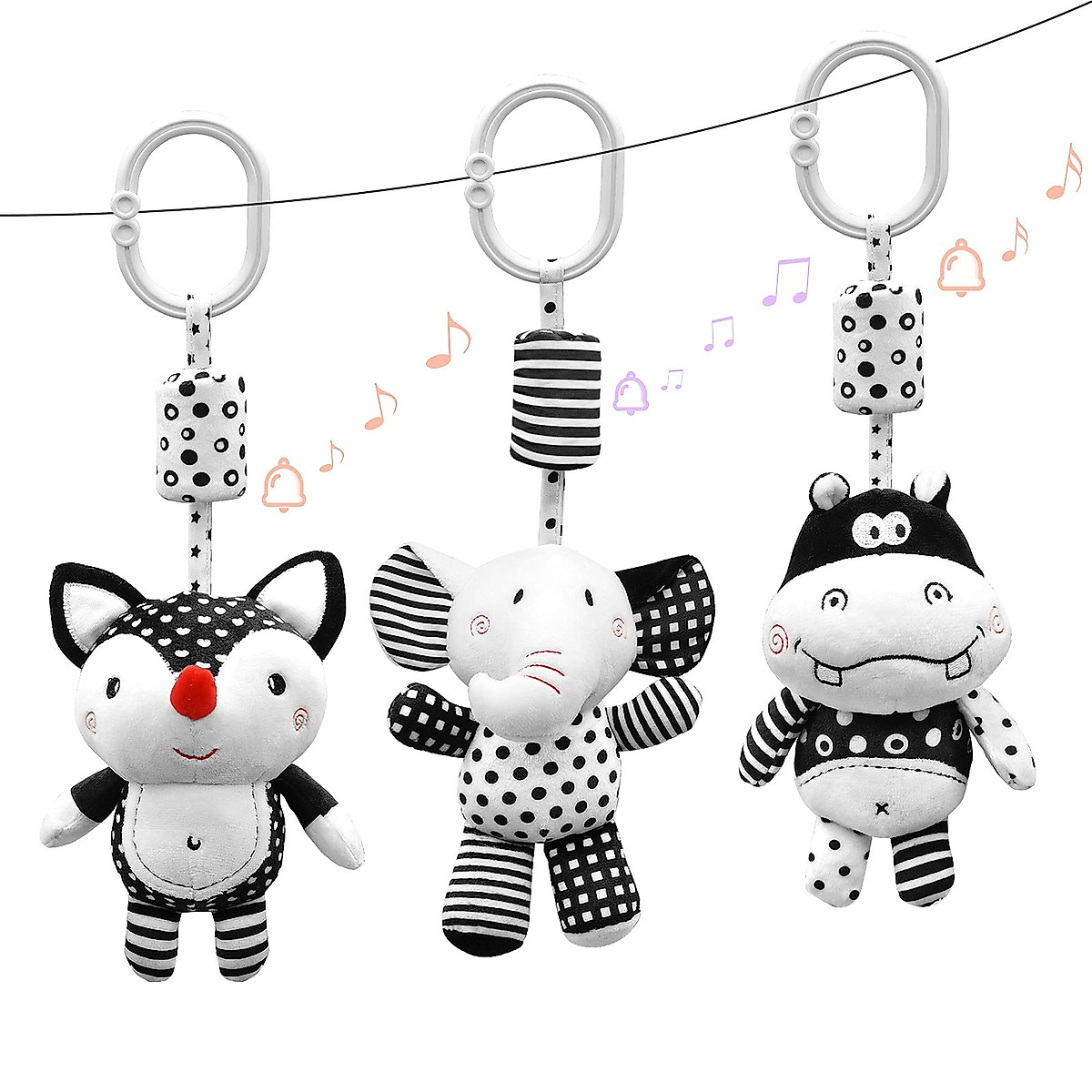 XIXILAND Hanging Rattles Toys White & Black Stroller Toy, Newborn Toys Infant Toys Crib Toys, Soft Plush for Stroller Car Seat Crib with Wind Chimes, Best Baby Gift for 0,3,6,9,12,18 Months