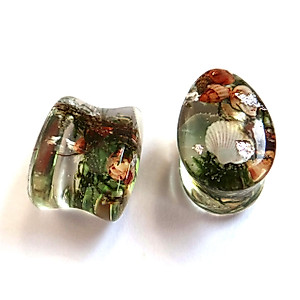 ETERNIADA Teardrop Nautical style plugs Sea Shell plug Tear Drop plugs Dropshaped plugs Egg Drop plugs Ear gauge double flare Mermaid Moss Ocean (25mm / 1" / Pair)