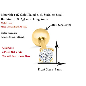 ONDAISY 14k Gold Plated Simulated Diamond 3mm Cz Round Circle Ball Ear Barbell Ball Stud Earring Piercing