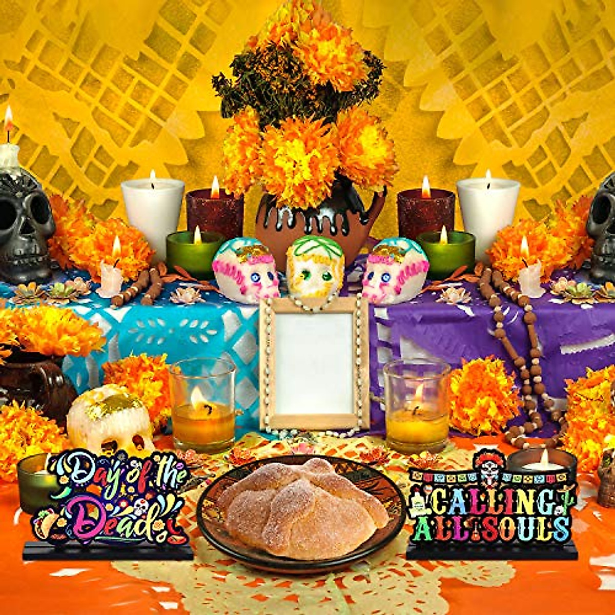 Halloween Table Centerpieces Day of The Dead Decorations Dia de Los Muertos Sugar Skull Signs Happy Halloween Decorations, Mexican Skeleton Skull Wooden Papel Picado Dinner Tier Tray Decor