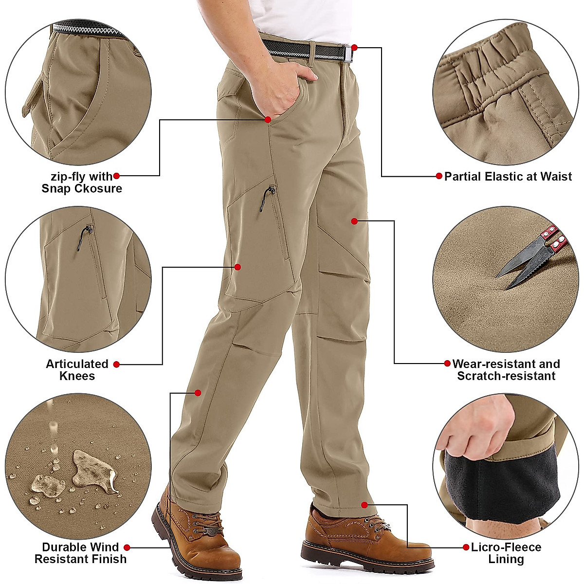 Jessie Kidden Mens Waterproof Hiking Pants, Outdoor Snow Ski Fishing Fleece Lined Insulated Soft Shell Winter Pants (6070 Khaki, 34)