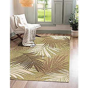 GAD Great American Distributors Yarpeq Premium Tropical Palm Tree Leaves 5x8 Indoor Outdoor Area Rug, Green/Cream, Stain Fade Resistant Rug for Patio, Porch, Lanai, Pool,Kitchen Bedroom
