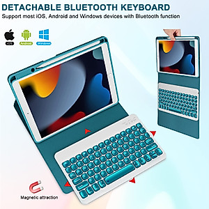 Eisuiyi iPad 10.2 Case with Keyboard for iPad 9th/8th/7th Gen, Compatible with iPad Air3/iPad Pro10.5, Detachable BT Keyboard with Magentic Protective Cover, Built-in Pencil Holder, Teal