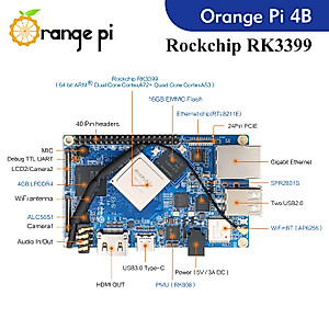 Orange Pi 4B 4GB+16GB Single Board Computer, Rockchip RK3399 6-Core ARM 64 Bit Development Board with 16GB eMMC Flash, Compatible Android/Ubuntu/Debian OS(Pi 4B+Case+Heat Sink+Power Supply)