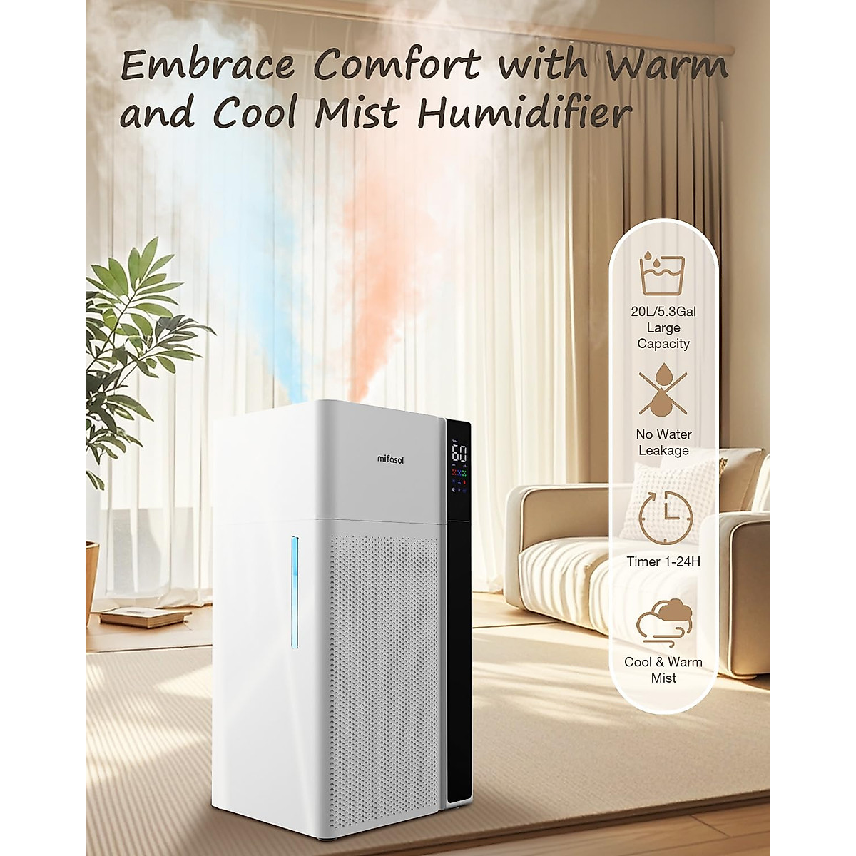 Mifasol Warm and Cool Mist Humidifier Large Room, 5.3Gal/20L Whole House Humidifiers for Home, Quickly & Evenly Humidify Larger Areas, Top Fill, Dual Mist Nozzles and Atomizers, Office Plants, White