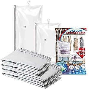 LEVERLOC Hanging Vacuum Storage Space Saver Bags for Clothes Winter Coat Garment Dress Jacket Suit Sweater Clothing Hanger Closet Organizer, Upgrade Valve Side Expandable 80% Space Save 6 Packs, 3 Long 3 Short