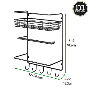 mDesign Metal Wall Mount Paper Towel Holder with Storage Shelf and Hooks for Kitchen, Pantry, Laundry, Garage Organization - Holds Spices, Seasonings, Pot Holders, Cookware - Black