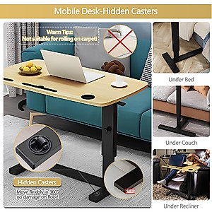 BeGyoku Overbed Table,Hospital Bed Table,Pneumatic Bed Tables Adjustable Over The Bed with Hidden Wheels&USB,Mobile Laptop Table Cart&Rolling Bedside Table with Tray Hospital Home Use-Oak