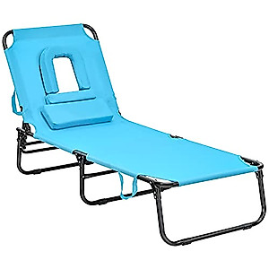 Giantex Outdoor Chaise Lounge Chair - Folding Beach Chair with 5 Adjustable Positions, Hole, Detachable Pillow, Hand Ropes, Lounger for Sunbathing, Poolside, Yard, Patio Lawn Chair