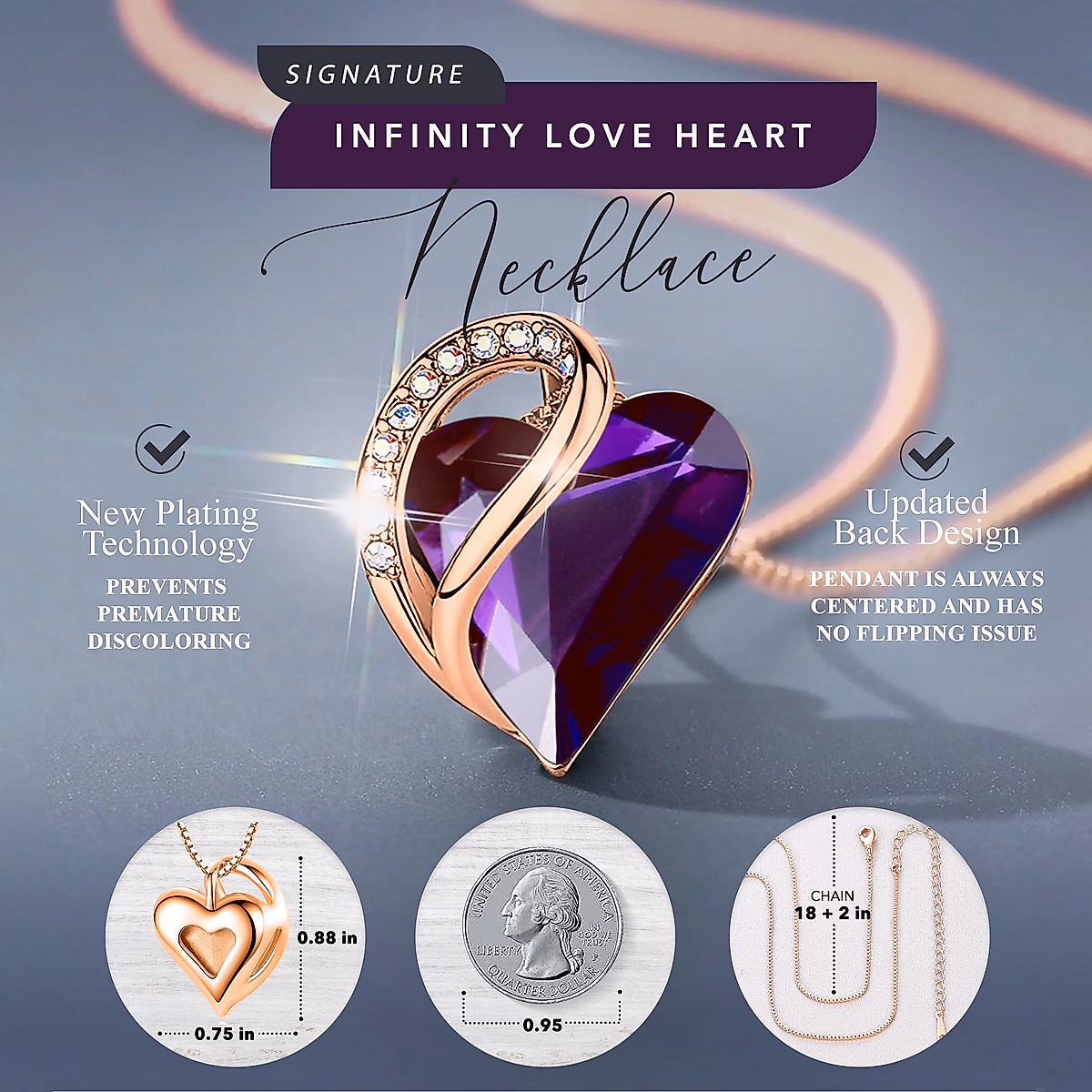 Leafael Rose Gold Plated Necklace for Women: Heart Shaped Dark Amethyst Pink Crystal Center, February Birthstone, Dazzling Cubic Zirconia, Hypoallergenic Chain (18"+2"), Jewelry Gifts for Her