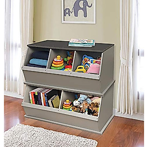 Badger Basket Three Bin Stackable Toy Storage Cubby Organizer - Woodgrain/Gray