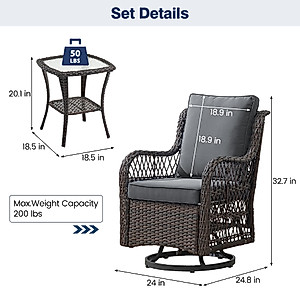GAOMON 3 Pieces Outdoor Swivel Rocker Chair Set of 2 with Glass Top Table, Outdoor Swivel Glider Rocker, Wicker Swivel Chair Set for Patio Porch Pool (Dark Brown Wicker/Gray Cushion)
