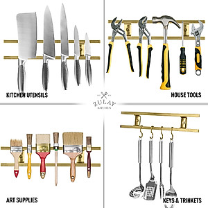 Zulay (12 Inch) Stainless Steel Magnetic Knife Holder For Wall - Powerful Knife Magnetic Strip With Extra Hanging Hooks - Wall Mount Magnetic Knife Strip & Organizer For Kitchen & Tools (Gold)