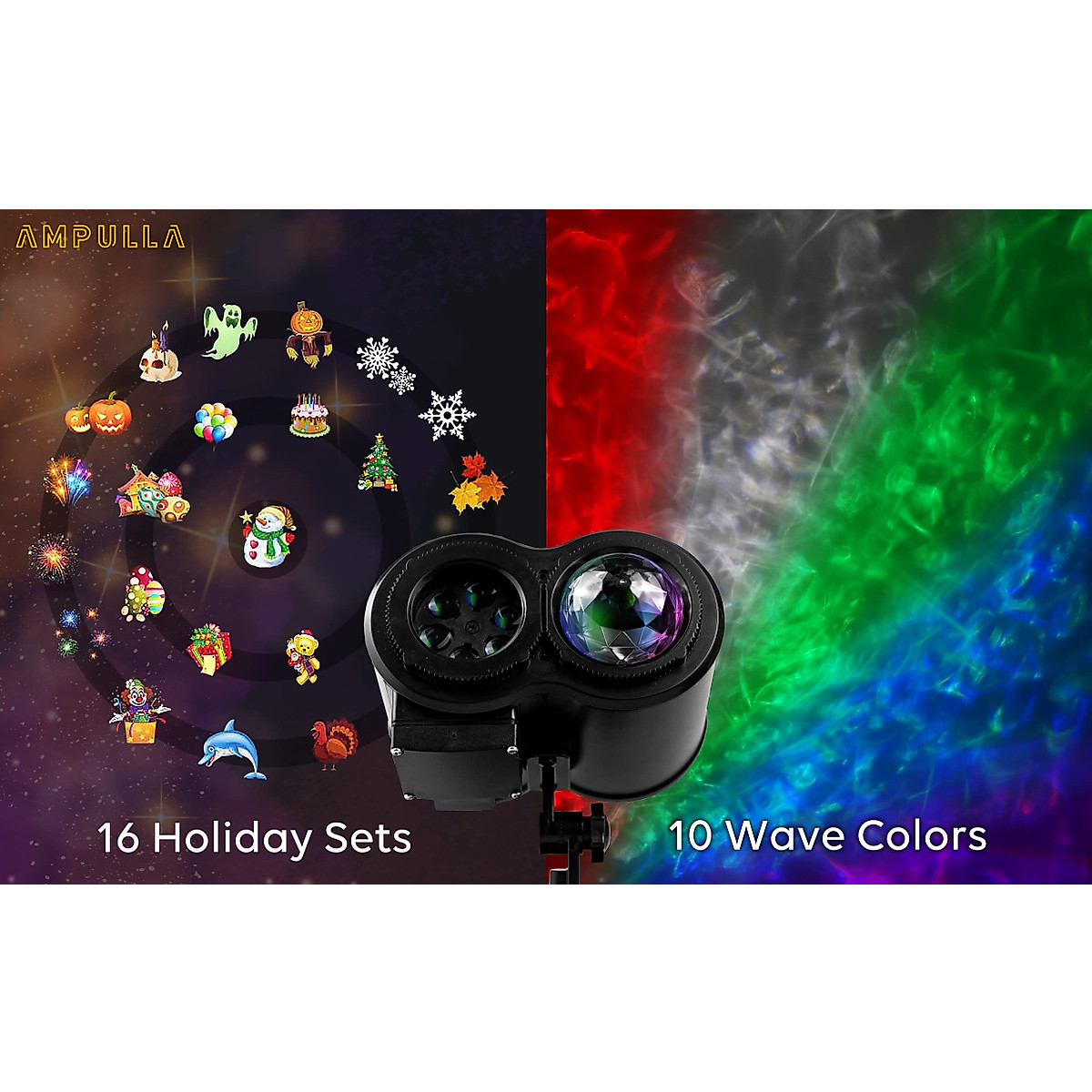 Projector Lights, Ampulla Christmas Halloween Holiday Ocean Wave Projector Lights 2-in-1 26 HD Effects 16/24 Pattern Slides Outdoor Indoor Xmas Theme Party Yard Garden Decorations… (16 HD Slides)