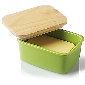 SWEEJAR Porcelain Butter Dish with Lid, Airtight Large Butter Keeper with Wooden Lid, Butter Container Perfect for 2 Sticks of Butter West or East Coast Butter(Green)