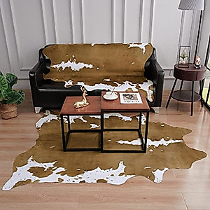 Merelax Premium Faux Cowhide Rugs for Living Room 4.6x5.2 Feet，Large Cow Print Rug for Bedroom Home Office Western Decor, Durable Cow Hide Animal Print Floor Carpet，Brown