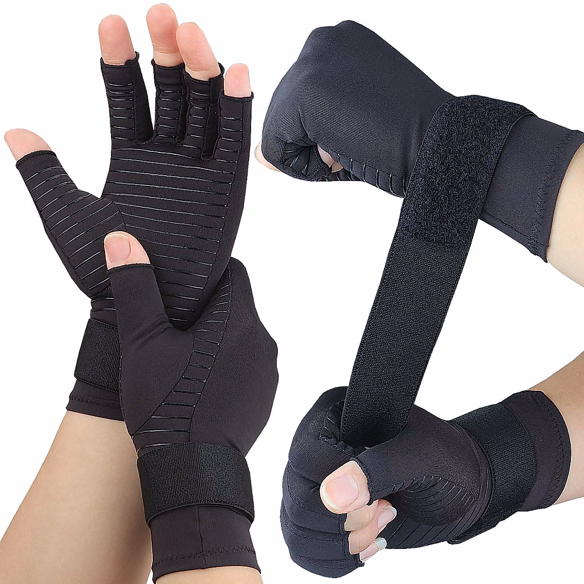 2 Pairs Pack Compression Gloves for Women Men, Copper Arthritis Gloves for Hand Pain Relief, Carpal Tunnel Wrist Support, Rheumatoid, Joint Swelling,Fingerless for Computer Typing(Small/Medium)