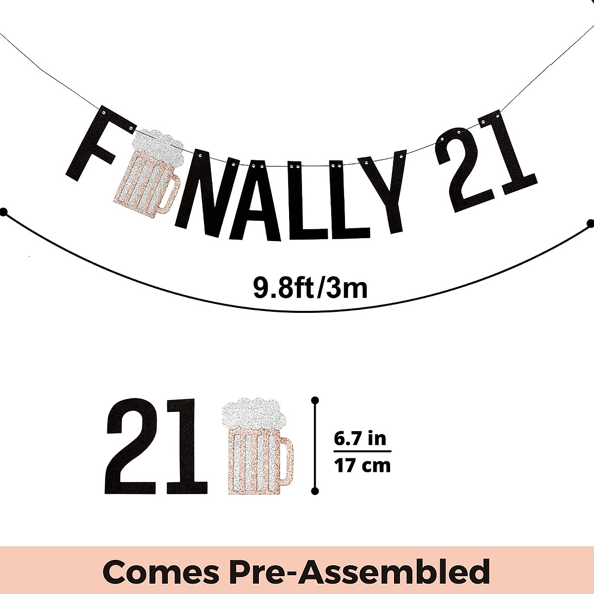 Party101 Finally 21 Banner - 21st Birthday Decorations for Her - Black & Rose Gold Glitter 21 Birthday Decorations for Her- Happy 21st Birthday Decorations for Women - 21st Birthday Banner