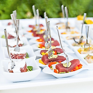 Kucoele 100 Pack Silver Mini Plastic Forks, 4 Inches Disposable Small Appetizer Forks Tiny Tasting Forks for Desserts, Strawberries, Charcuterie, Cake Pops, Cocktails, Fruits