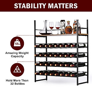 6-Tier Industrial Freestanding Wine Rack with Glass Holder & Wine Storage, Wine Bakers Rack, Multi-Function Coffee Home Bar Furniture for Kitchen Dining Room,55" Tall Rustic Brown