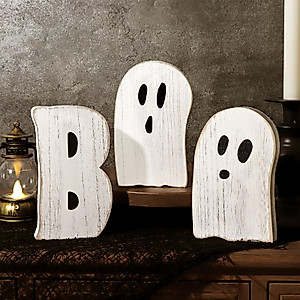 Treory Halloween Table Decorations Indoor: 3pcs Farmhouse Halloween Cute Ghost Decorations, Mini Black White BOO Wood Plank Signs, Rustic Tiered Tray Decor Wooden Ghost Desk Office Decor for Home Kids