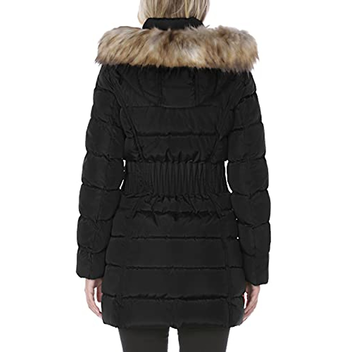 Laundry By Shelli Segal Women's 3/4 Puffer Jacket with Zig Zag Cinched Waist and Faux Fur Trim Hood, Black (2016), X-Small
