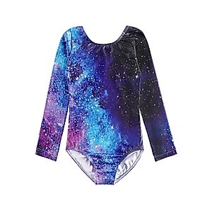 HOZIY Long Sleeve Gymnastics Leotards for Girls 7-8 Size 6-7 Year Old Blue Purple Galaxy Dance Clothes Tumbling Outfits Unitard Sparkle Kids Bodysuit Outfits Sleeved