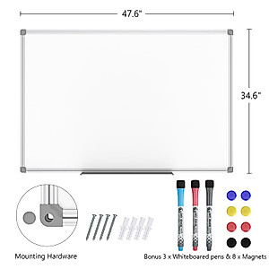 Lockways White Board Dry Erase Board 48 x 36 Inch, Magnetic Whiteboard 4 x 3, Silver Aluminium Frame, Set Including 1 Detachable Aluminum Marker Tray, 3 Dry Erase Markers, 8 Magnets