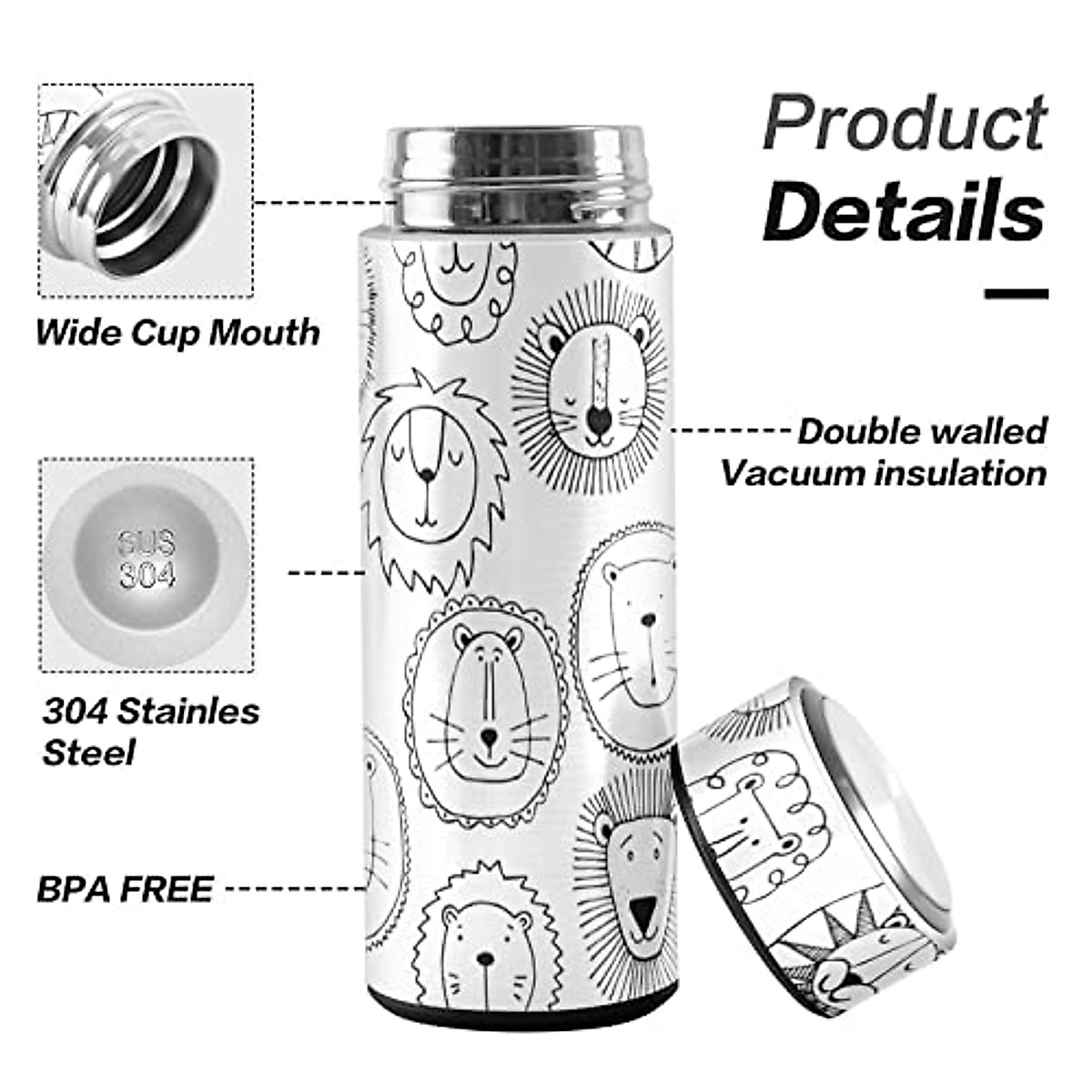 CaTaKu Cartoon Lions Head Water Bottle Insulated 16 oz Stainless Steel Flask Thermos Bottle for Coffee Water Drink Reusable Wide Mouth Vacuum Travel Mug