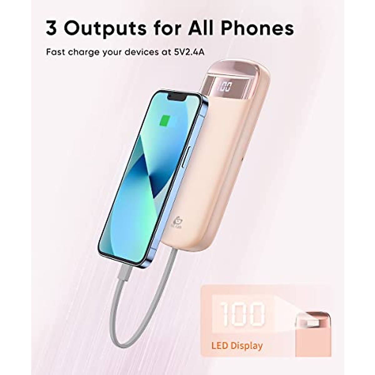 Portable Charger with Built in Cables, 10000mAh USB C iPhone Power Bank, Type C Backup External Battery Pack with 3 Outputs LED Display Compatible with iPhone, Galaxy, Android CellPhones (Pink)