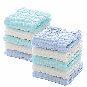 MUKIN Baby Washcloths - Soft Face Cloths for Newborn, Absorbent Bath Face Towels, Baby Wipes, Burp Cloths or Face Towels, Baby Registry as Shower. Pack of 10 (Green,Blue,White)
