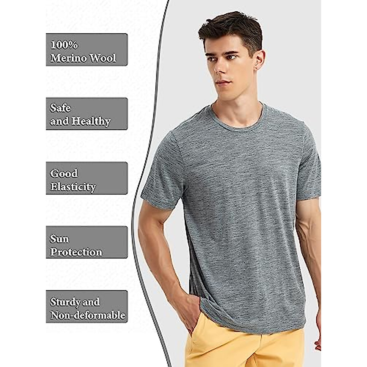 YUERD M&W 100% Merino Wool T-Shirt Mens Short Sleeve Merino Wool T Shirts for Men Grey