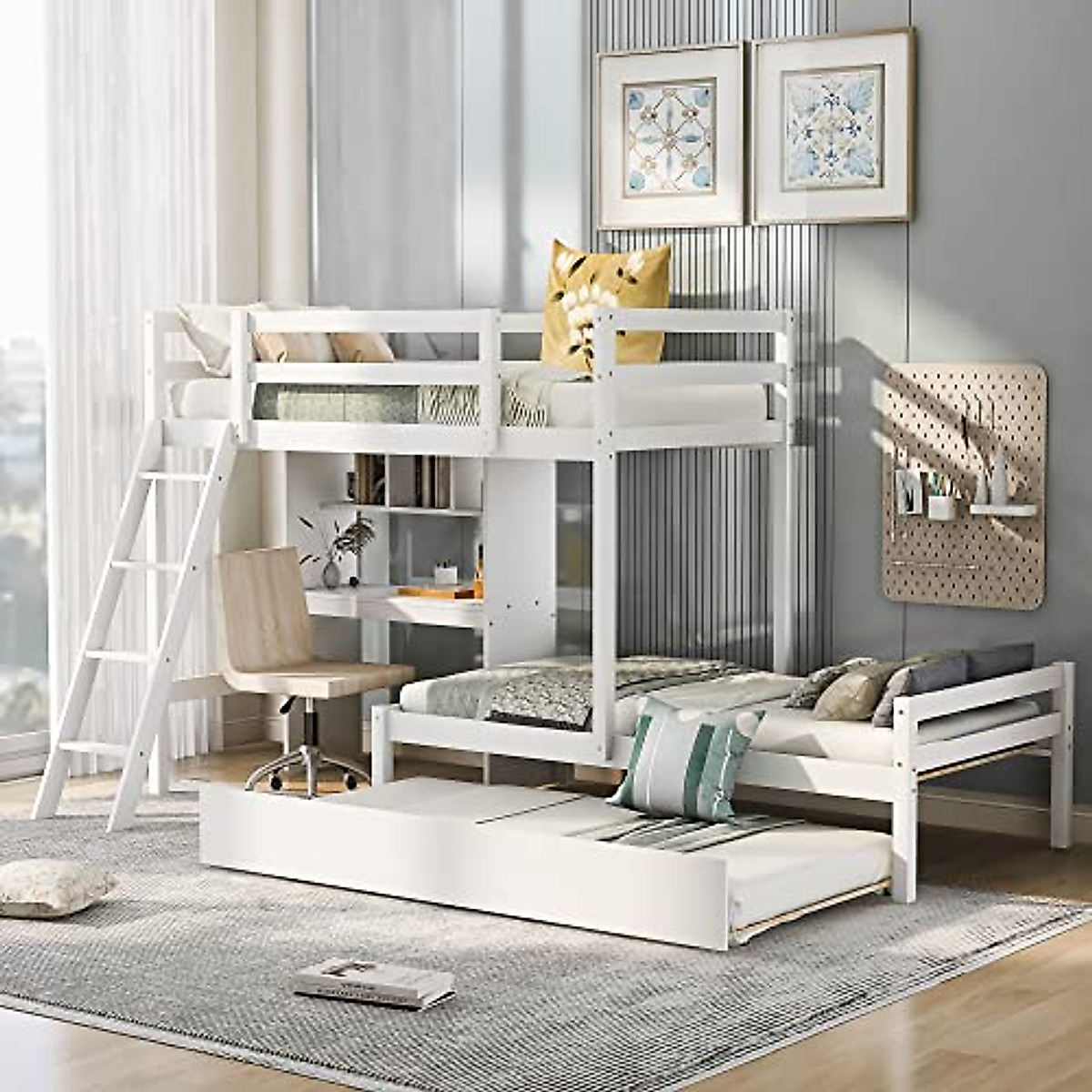 MOEO Twin Over Twin Bunk Bed with Trundle and Ladder for Kids, Adults, Wooden Bunkbed Frame w/Convertible Built-in Desk & Down Bed, Save Space, No Box Spring Required, White