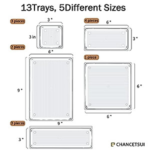 13 Pcs Drawer Organizer Set Clear Plastic Storage Bins Office Desk Drawer Dividers Trays with Non-Slip Silicone Pads, Dresser Separation Box for Makeup, Jewelries and Gadgets, Bedroom, Bathroom