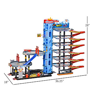 Qaba 7-Level Car Parking Garage Toy Race Tracks Car Ramp Set Toddler Car Games 96PCS w/Cars & Helicopter Elevator Gas Station Car Repair Station for 3-6 Years Old