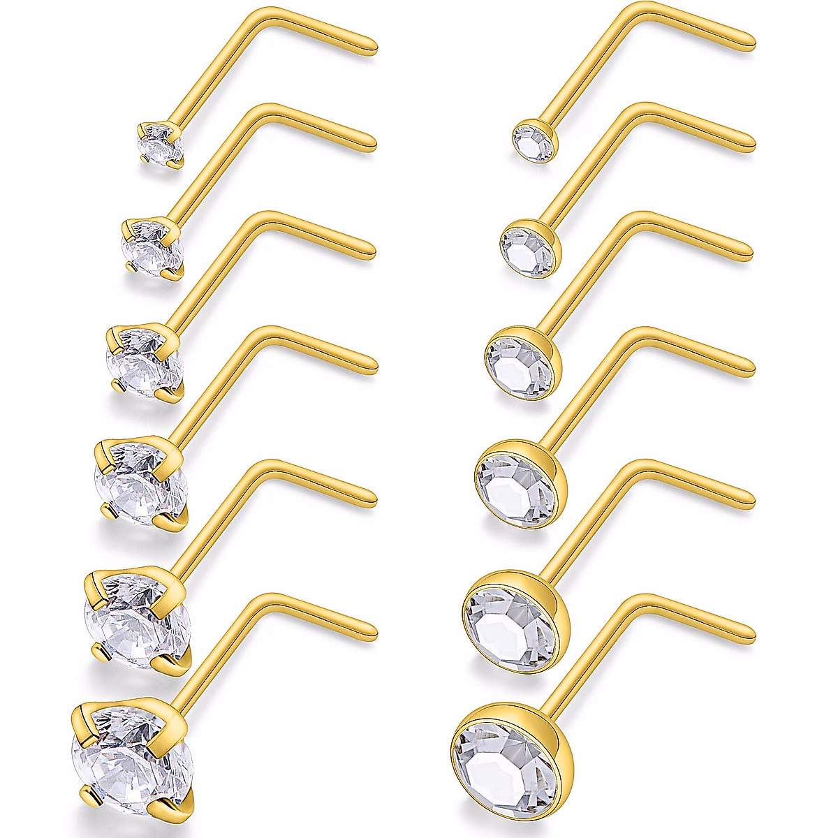 SCERRING 12PCS 20G Stainless Steel Nose L Shaped Rings Studs Nostril Ring Bend Piercing Jewelry 1.5mm 2mm 2.5mm 3mm 3.5mm 4mm Clear Cubic Zirconia Gold