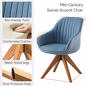 Art Leon Dining Chair, Mid Century Modern Fabric Upholstered Swivel Dining Room Chair with Wood Legs, Leisure Side Chair with Arms for Living Room, Blue