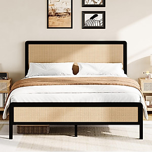 CHABUILDREARK Queen Rattan Bed Frame, Metal Platform Bed with Headboard, Bed Frame Queen Size with Steel Slats Support, No Box Spring Required, Easy Assembly