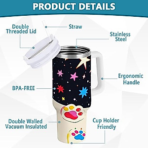 Nexawaveo Animal Paws Stars Stainless Steel Tumbler with Handle and Straw Fits in Standard Cup Holder Iced Coffee Cups for Smoothie Cocktail Beer Soda Fruit Juice