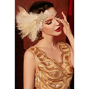 BABEYOND Women's Peacock Gatsby Party Wedding Headband with Ribbon Flapper Costumes Accessories Peacock Headband with Feather Apricot