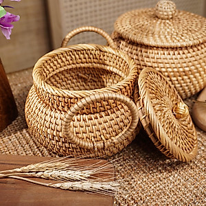 Small Rattan Basket with Lid, Rattan Basket Organizer with Handle, Rattan Snacks Basket Candy Bowl Rustic Woven Basket for Shelf Table Office Decor
